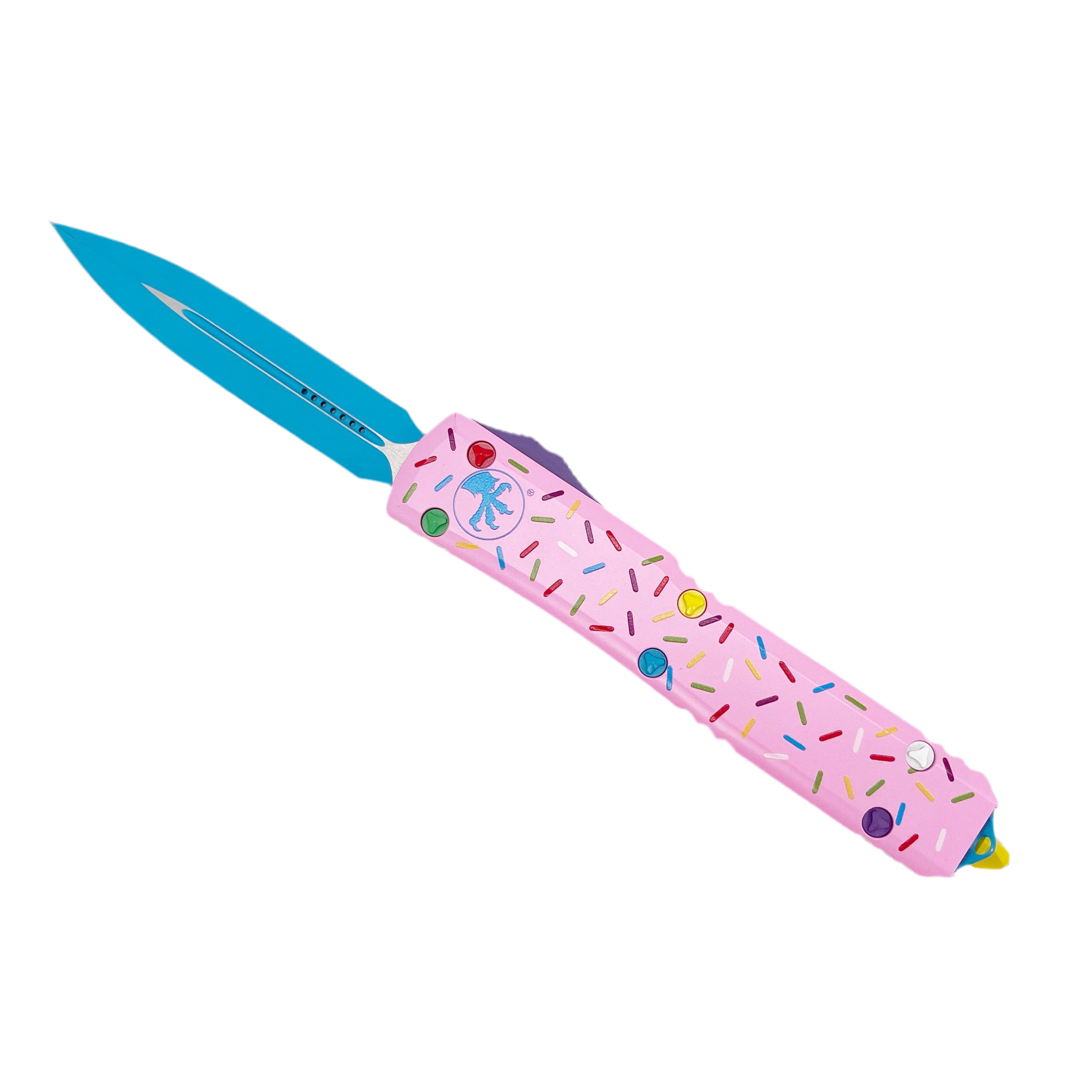 Microtech Ultratech D/E OTF 3.4" Blue Bohler M390 Pink Donut Handles