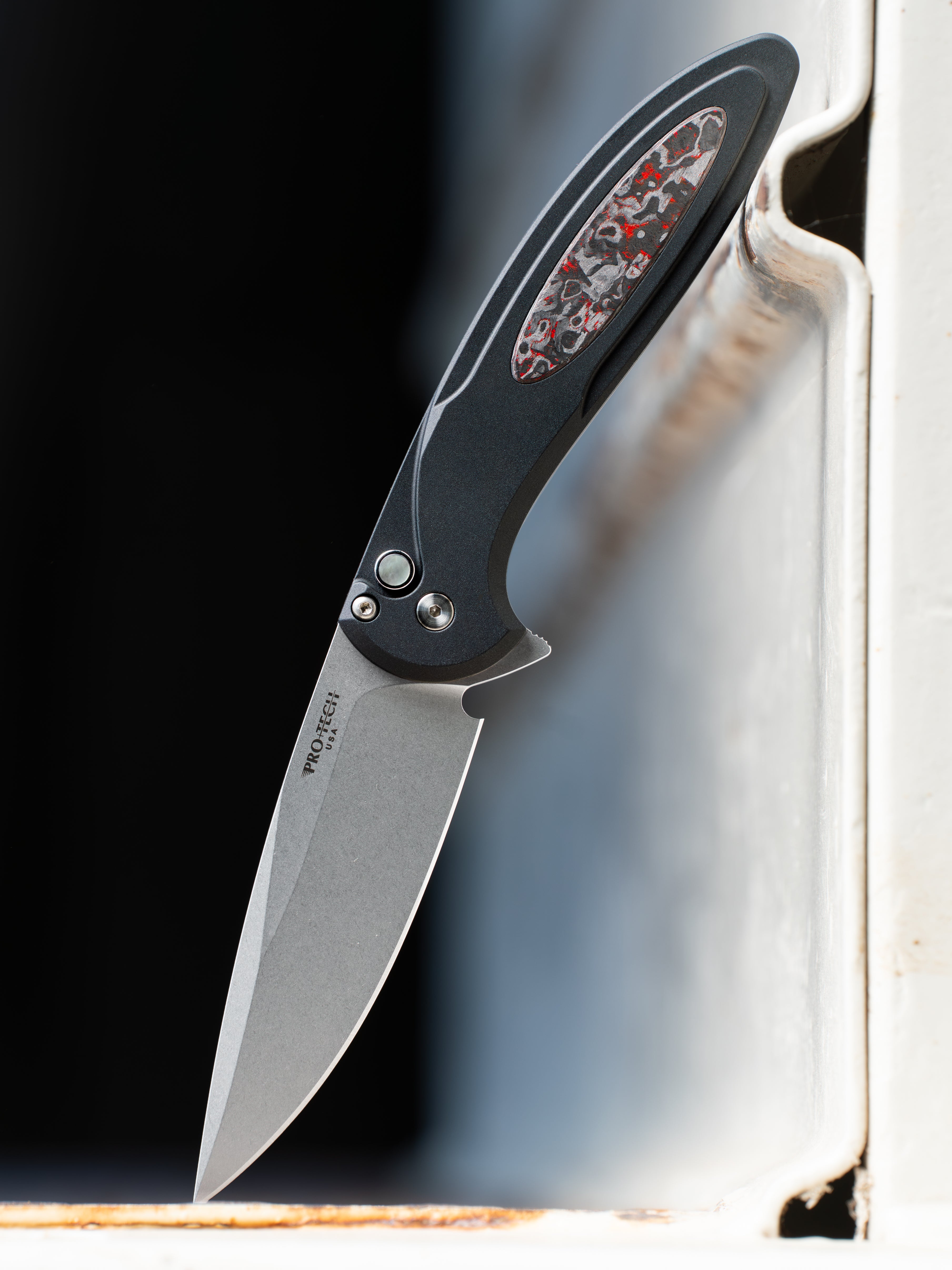 Pro-Tech Cambria Flipper Black Aluminum Handle TechnoCarbo Red Inlay S