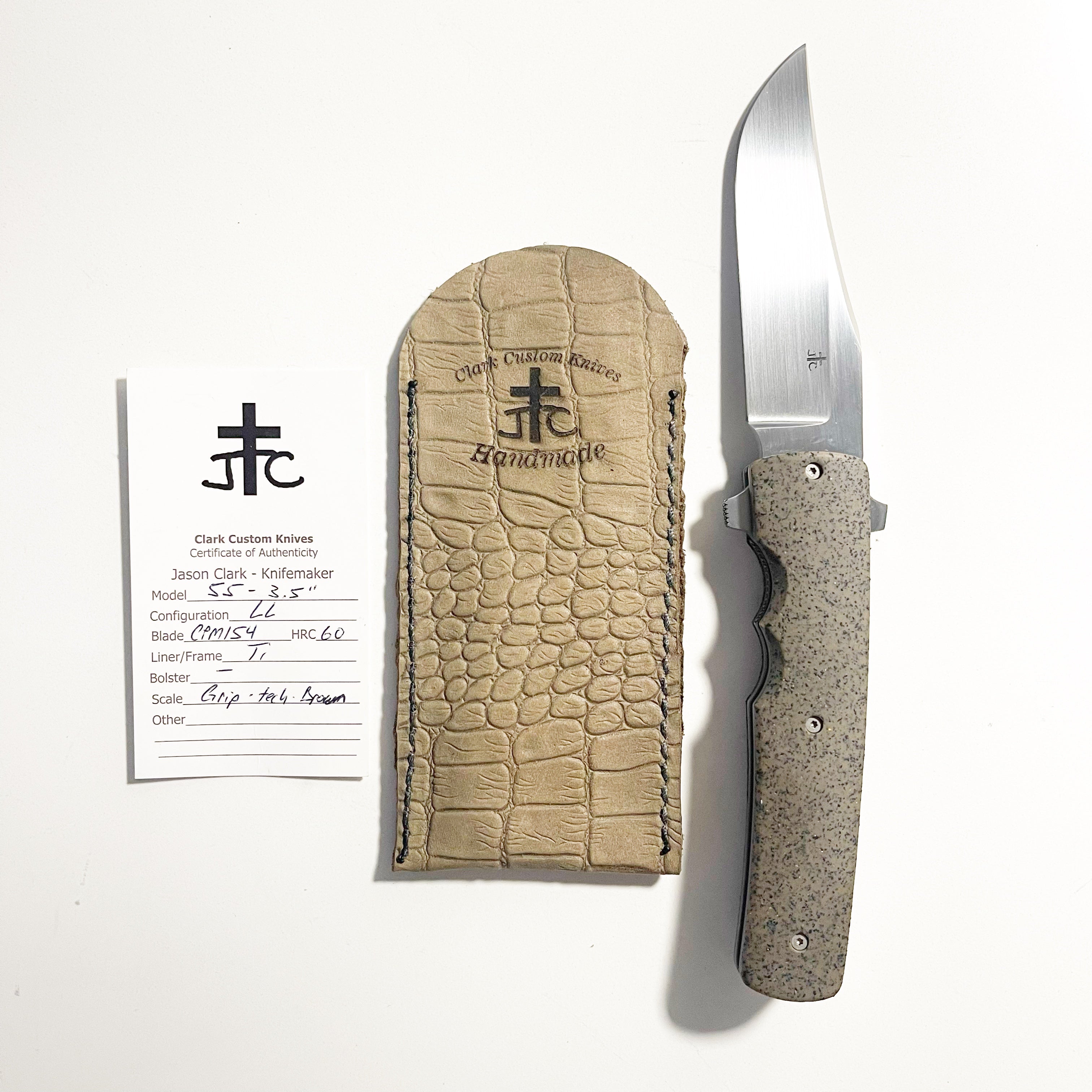 Clark Custom Knives Model 55 3.5in CPM 154 Blade Brown Grip Tech Handl