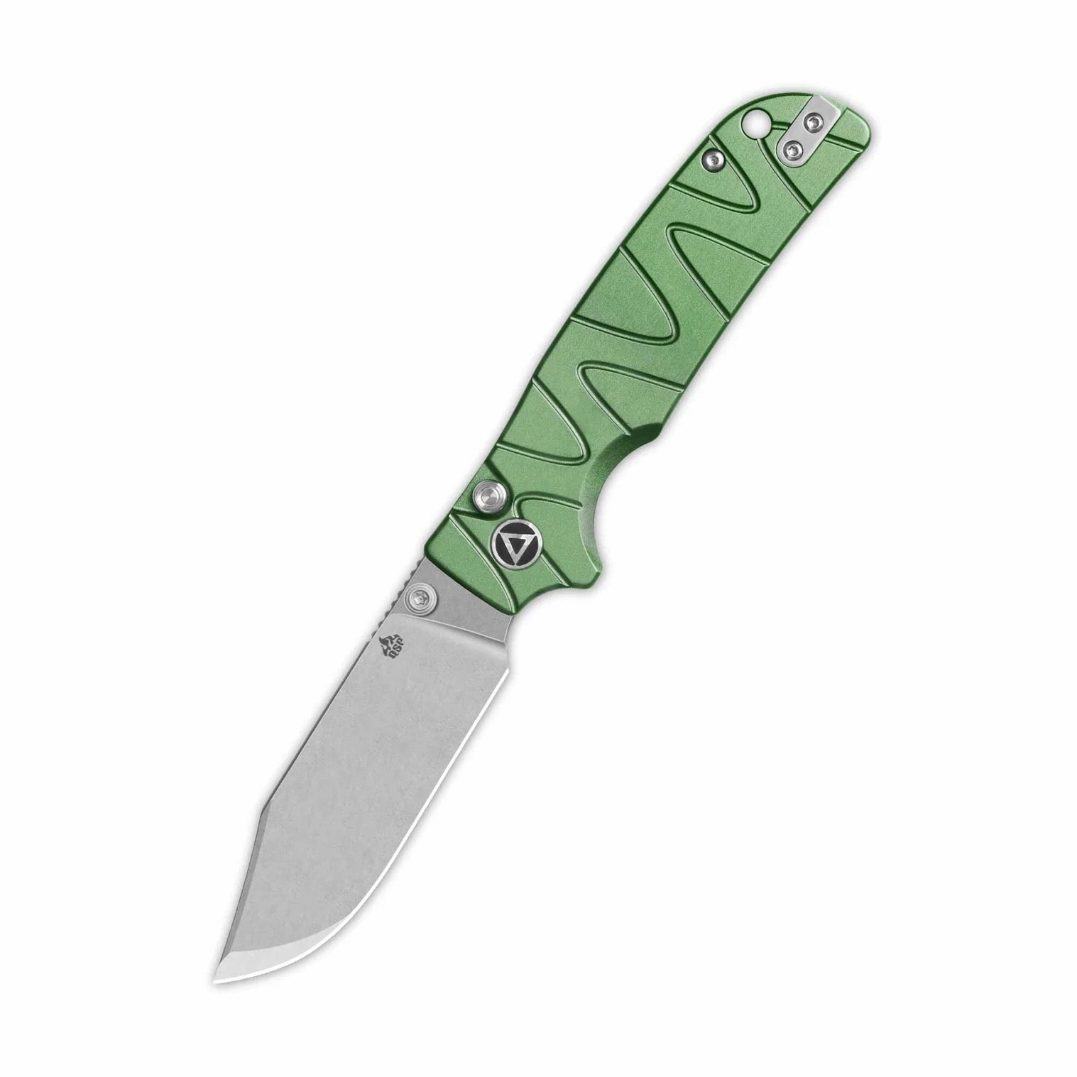 QSP Kali Button Lock 3.25in Stonewashed 14C28N Blade Green Aluminum Ha